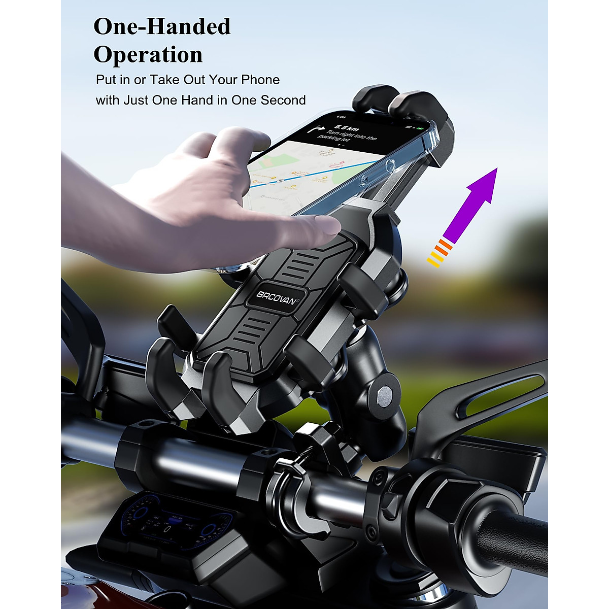 BRCOVAN Motorcycle Phone Holder with Vibration Dampener, Anti-Shake Motorcycle Phone Mount, Adjustable Handlebar CellPhone Holder for Motorcycle Bike Bicycle Scooter ATV Fit 5.4''-7.2'' Smartphone