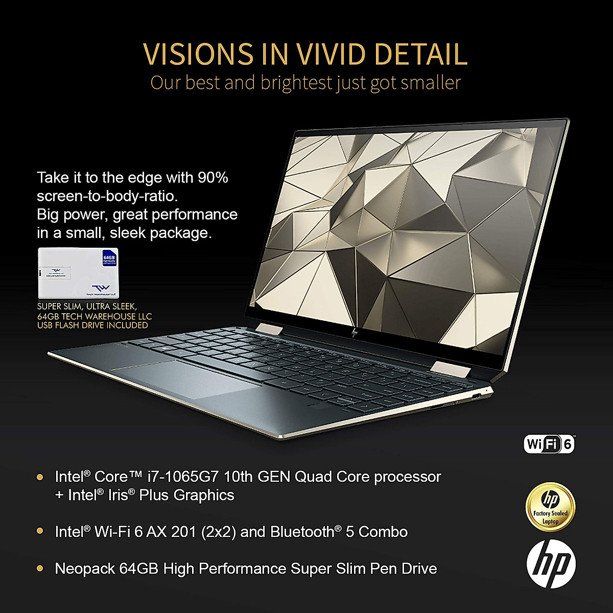 HP Spectre x360 GEM Cut 13.3" FHD Touch Laptop, Intel i7-1065G7, 16GB RAM, 1TB SSD, Bang & Olufsen, Fingerprint Reader, Stylus, Nightfall Black, Win 10 Pro, 64GB TechWarehouse Flash Drive