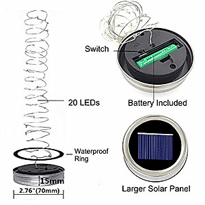 Decorman Solar Mason Jar Lid Lights, 6 Pack 20 LED Waterproof String Fairy Star Firefly Jar Lids Lights for Patio Garden Yard Lawn Party Wedding Christmas Decoration(Jars & Hangers Not Included)