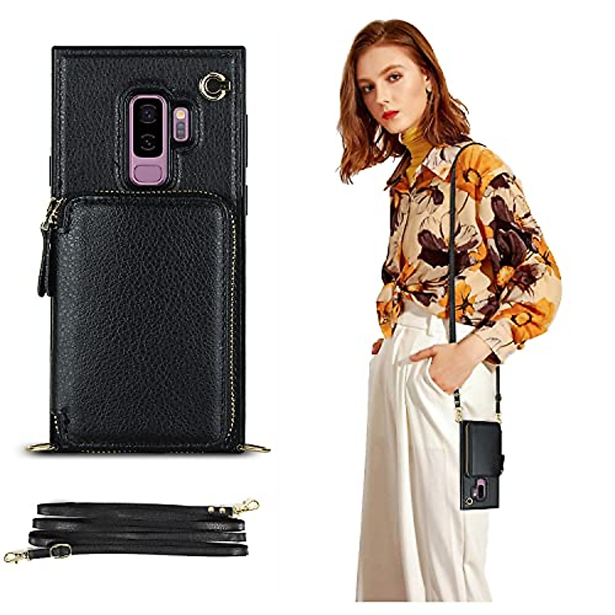 DEFBSC Crossbody Zipper Wallet Samsung Galaxy S9 Plus Case, PU Square Case with Chain Credit Card Holder Slot Shoulder Handbag Purse Wrist Strap Case for Samsung S9 Plus 6.2 Inch(Black)