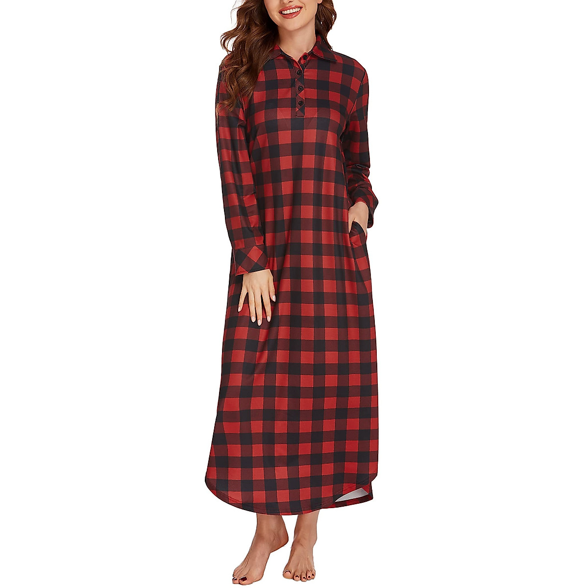 Ekouaer Women's Nightgown Long Sleeve Nightshirt Full Length Loungewear Plaid Sleepwear With Pockets, Red Plaid, Large