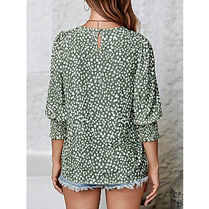 Teurkia Women's Casual Crewneck Tops 3/4 Sleeve Blouses Loose T Shirts Army Green