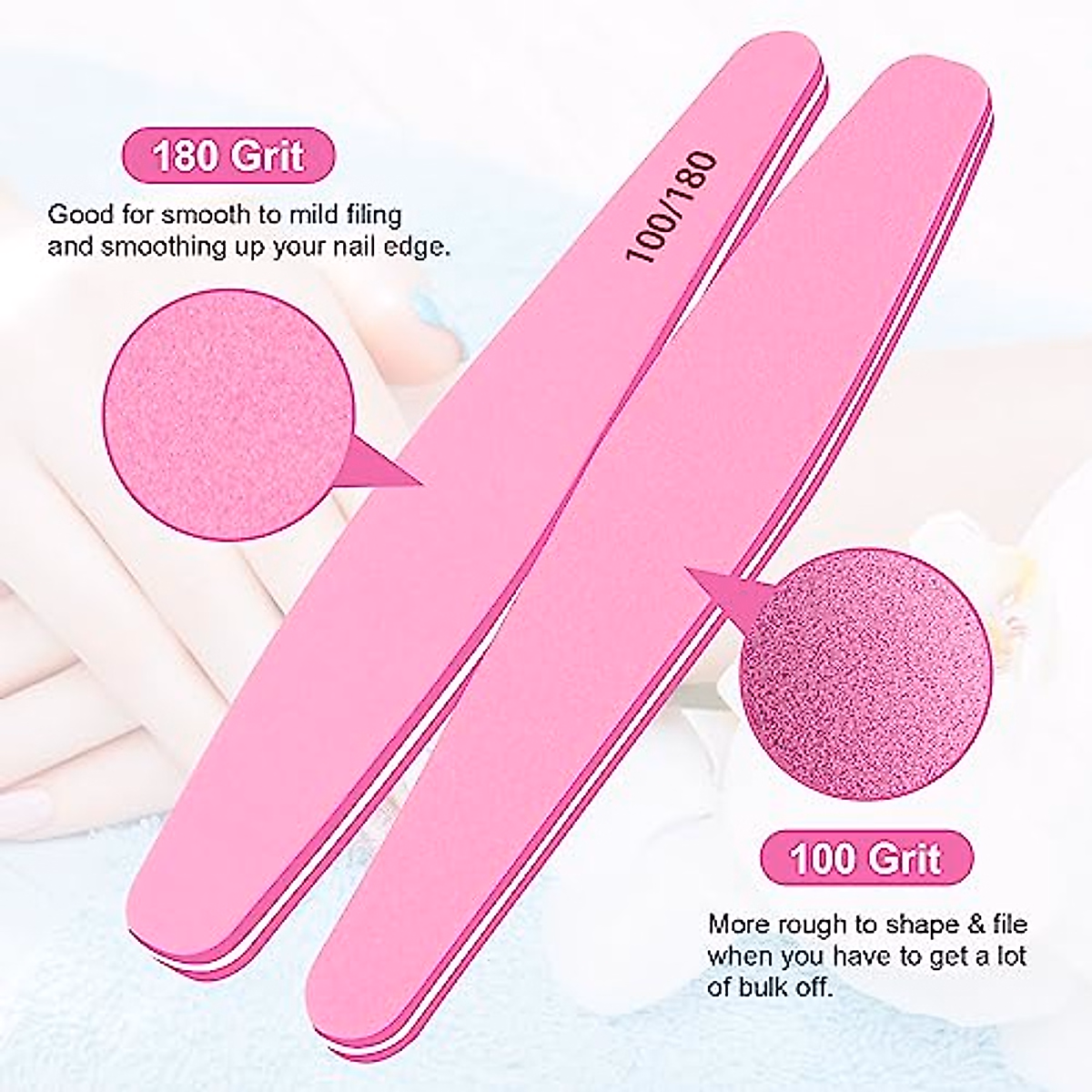 Anrui Emery Boards for Nails, 12 PCS Nail Files for Natural Nails, 100/180 Grit Double Sided Emery Boards for Nails, Reusable & Washable Professional Nail File for Home Salon - Pink