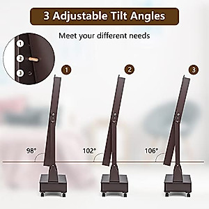 COSTWAY 6 LEDs Mirror Jewelry Cabinet with Wheels, Lockable Jewelry Storage Organizer w/Full-Length Mirror and 3 Adjustable Angles, Floor Standing Jewelry Armoire for Living Room Bedroom (Brown)