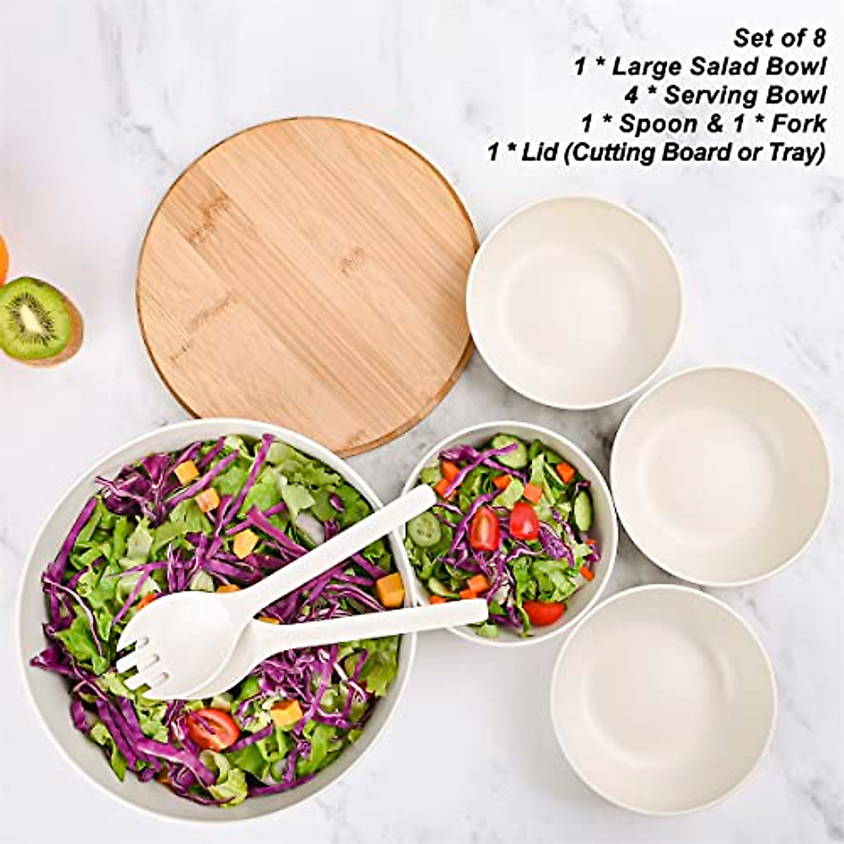 LOVYANXUE Bamboo Salad Bowl with Lid, 9.8Inches Large Salad Bowl with Lid Spoon Fork, Salad Mixing Bowls and 4 Small Bowls, Salad Serving Bowl Set for Salad, Fruits, Vegetables