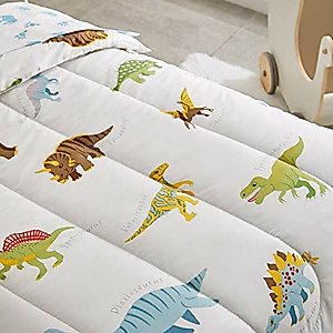 UOZZI BEDDING 4 Pieces Toddler Bedding Set Dinosaur White Includes Comforter, Flat Sheet, Fitted Sheet and Pillowcase
