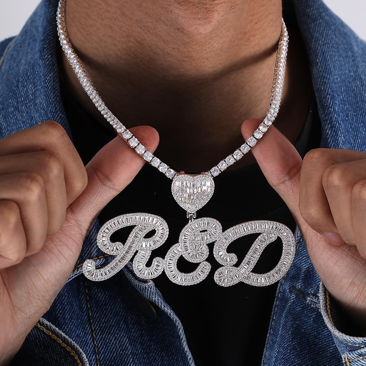 Iced Out Custom Name Necklace 14K Gold Hip Hop Simulated Diamond Charm Pendant with Cuban Link Chain, Personalized Name Plated Initial Letter Necklaces, Handmade Customized Jewelry Gifts for Man Woman (Silver)