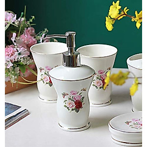 JruF Round Pink and White Set of 5 Bathroom Accessories Set-Pink Flowers Porcelain Pattern Modern Dressing Accessories Set Including Tumbler, Toothbrush Holder and Lotion Bottle, Soap Dish