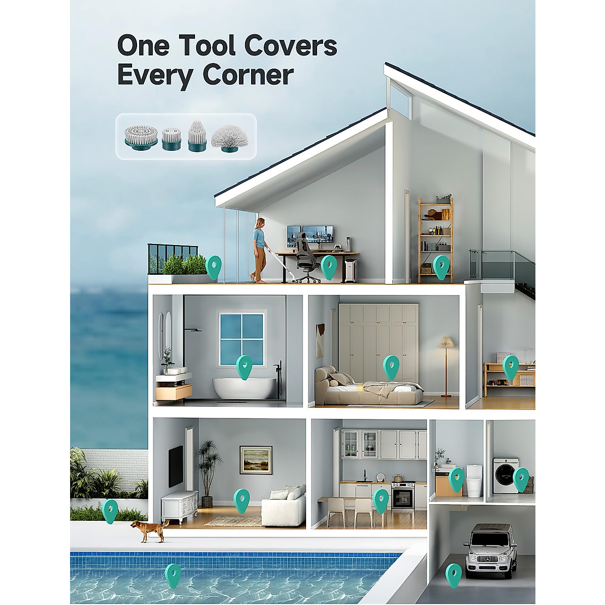 HiCOZY Electric Spin Scrubber HS1, Cordless Shower Scrubber for Cleaning with 4 Replaceable Brush Heads Adjustable Extension Handle, IPX7 Waterproof Cleaning Brush for Bathroom Floor Dark Green