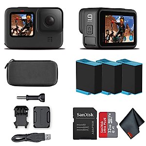 GoPro HERO9 Black - Waterproof Action Camera with Front LCD and Touch Rear Screens, 5K HD Video, 20MP Photos, 1080p Live Streaming, Stabilization + 32GB Card and 2 Extra Batteries