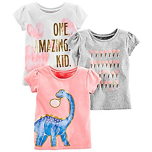 Simple Joys by Carter's Girls' Short-Sleeve Shirts and Tops, Pack of 3, Grey Hearts/Pink Dinosaur/White Text Print, 3T