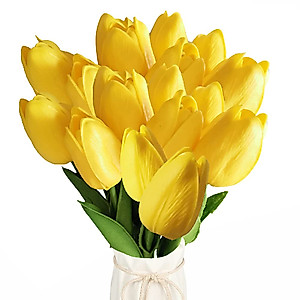 BOMJJOR 20 Heads Tulips Artificial Flowers Real Touch Tulips Silk Artificial Tulips Flower Bouquet for Room Centerpiece Party Wedding Office Garden Home Decor 13.4" Authentic PU Tulips (Yellow)