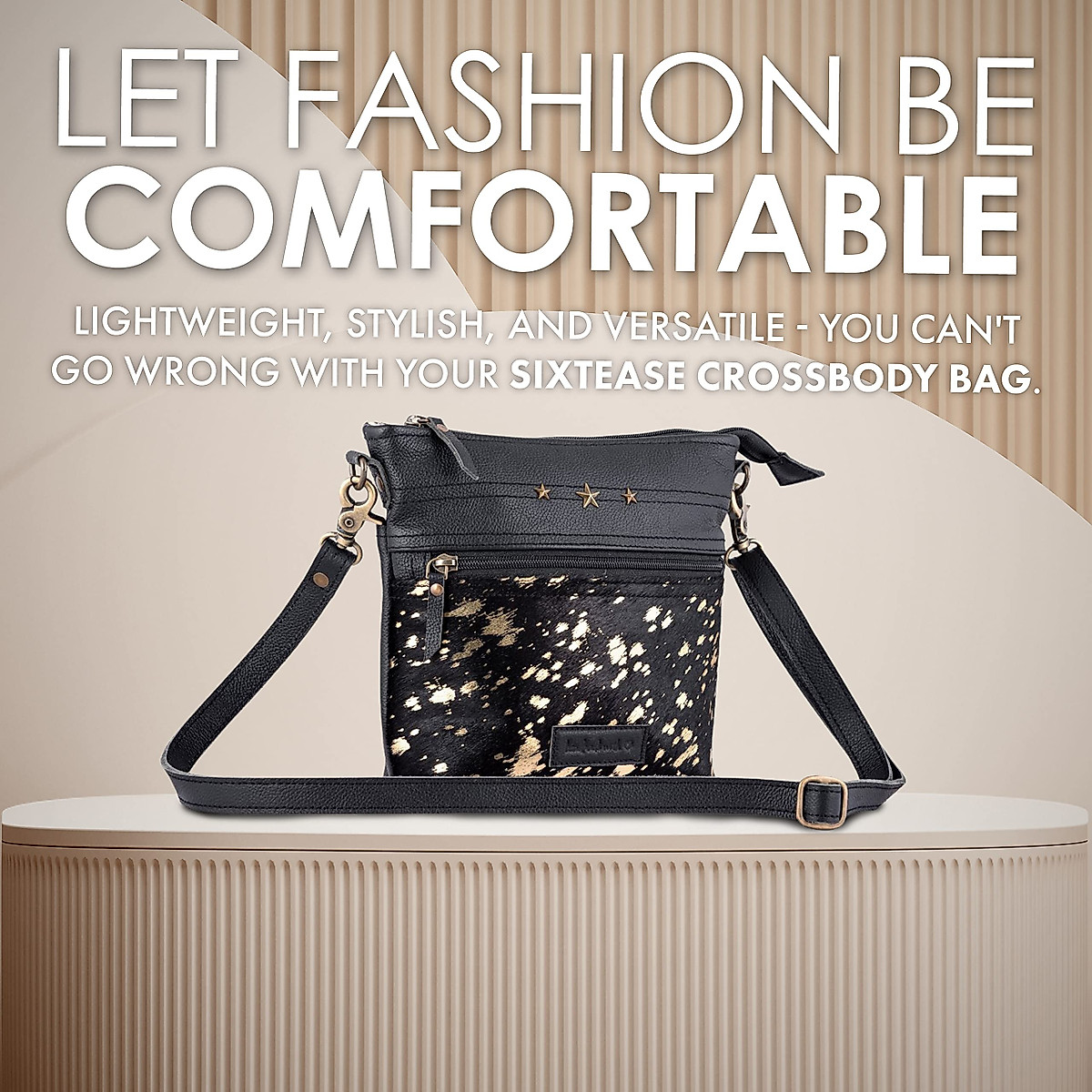 SIXTEASE Crossbody Bag for Women Vintage Style Genuine Leather, Upcycled Canvas, Rug, or Hair On - Cross Body Womens Bags with Inside Zipper Pockets - Black