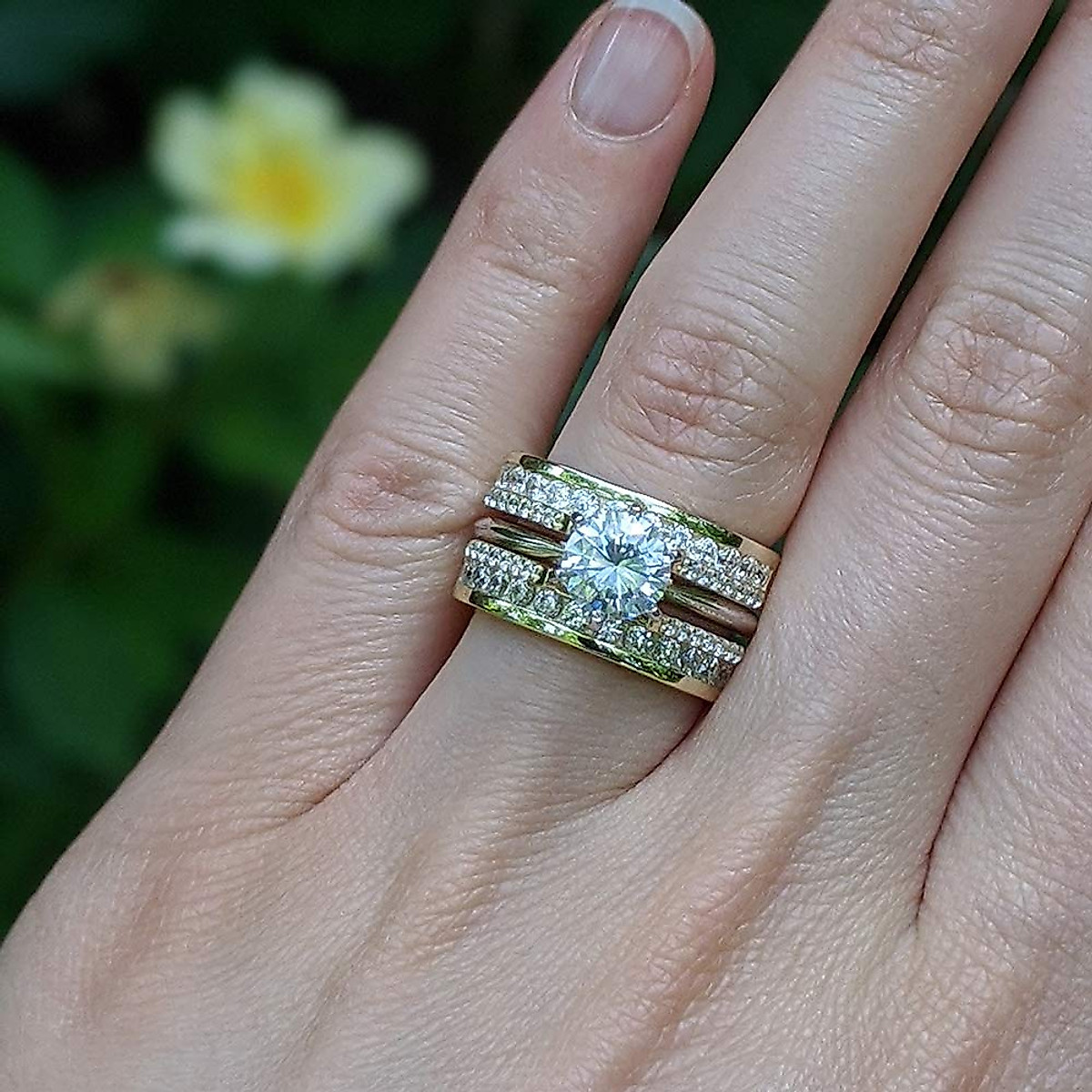 TwoBirch 1.01 Ct. Combination Cathedral and Classic Ring Guard in Yellow Gold Plated Sterling Silver with Cubic Zirconia (Size 7)