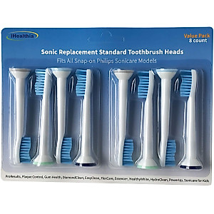 iHealthia Sensitive Replacement Toothbrush Heads Compatible with Philips Sonicare Brush HX6053, 8-Pack, fits Sonicare Plaque Control, Gum Health, Flex Care