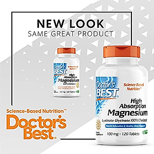 Doctor's Best High Absorption Magnesium Glycinate Lysinate, 100% Chelated, TRACCS, Not Buffered, Non-GMO, Vegan, Gluten & Soy Free, 100 mg, 120 Tablets (Packaging May Vary)