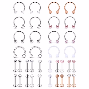 SCERRING 16g Lip Rings Stainless Steel Horseshoe Septum Nose Hoop Labret Monroe Lip Rings Nail Tragus Rook Helix Cartilage Earrings Studs Ring Medusa Piercing Jewelry 36PCS Rainbow