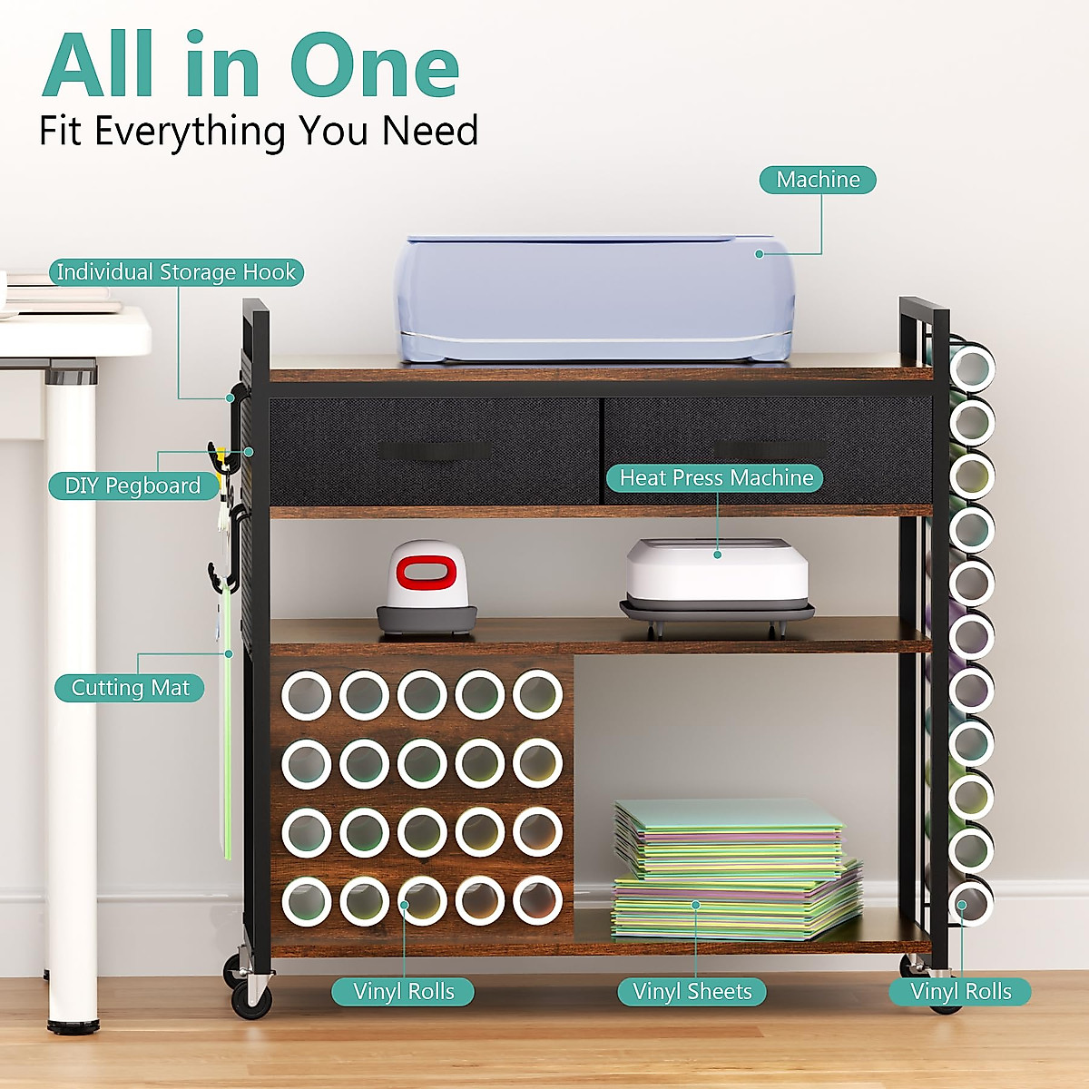 ousamili Organizers and Storage Craft Table Compatible with Cricut Machines, Multi-Functional Large Sturdy Storage Cart with Vinyl Roll Holder, Fantastic Storage for Craft Machines Organization