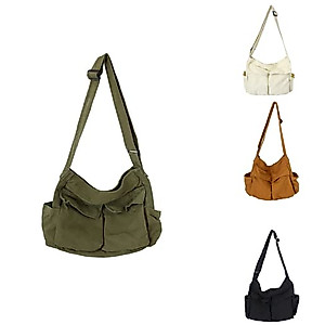 Women Men Hobo Canvas Messenger Bag Large Bag Multi Pocket Canvas Messenger Bag Hobo Handbag Cross Bag Green