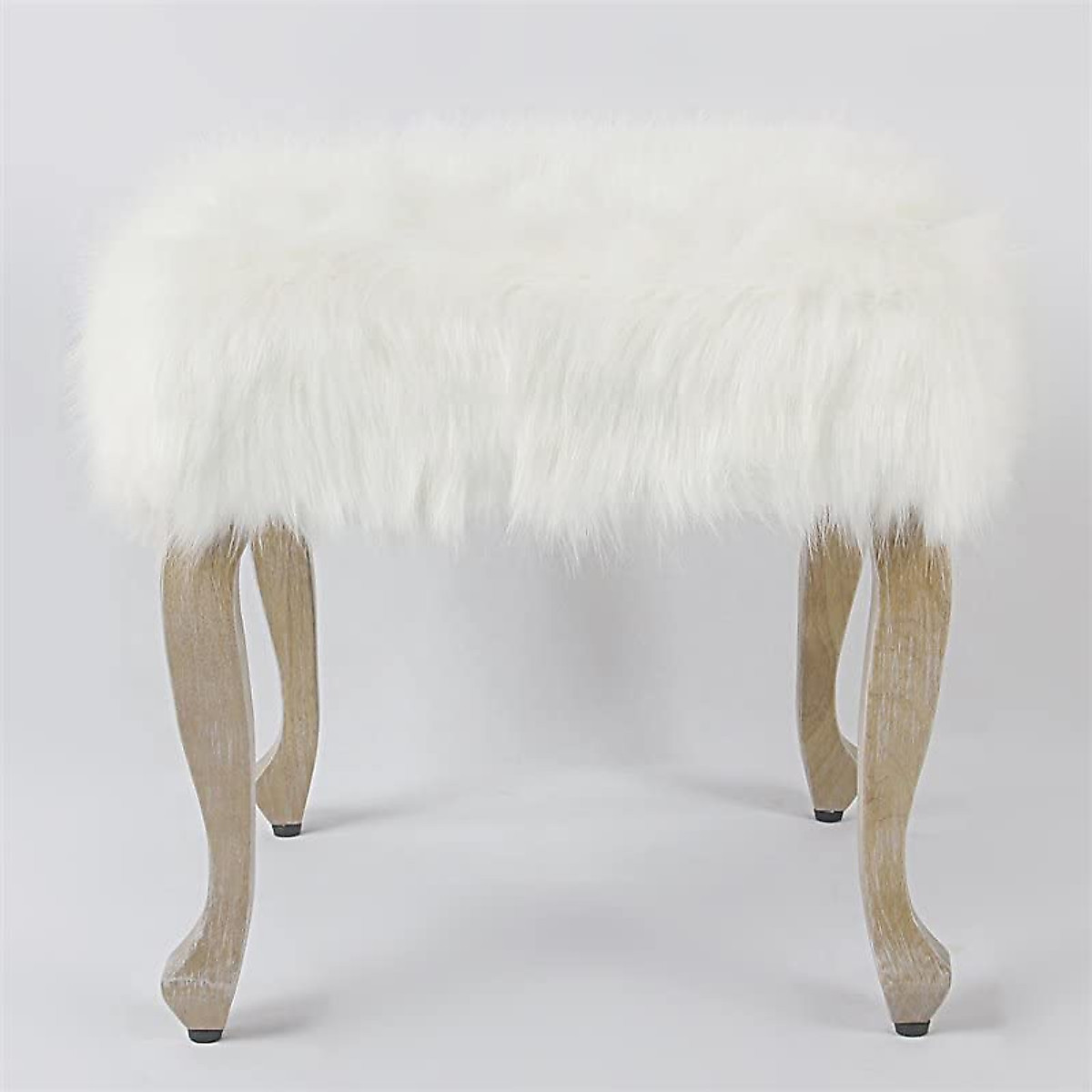 HomePop Faux Fur Square Stool with Wood Legs, White