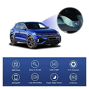 Fitcamx 4K Dashcam WiFi Dash Camera Dash Cam Compatible with Car Vehicle Video Recorder,Compatible with VW T-ROC T ROC Troc 2017 to 2024 (Color : Black, Size : 4K Dual Cam 128GB)