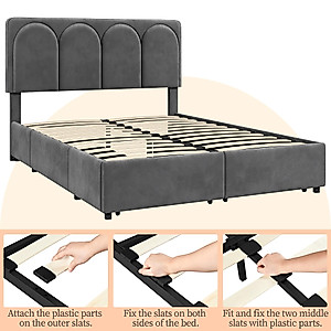 Yaheetech Queen Bed Frame Upholstered Platform Bed with 4 Drawers Storage and Adjustable Headboard,Arch Channel Tufted Headboard,Sturdy Wood Slat Support,No Box Spring Needed,Dark Gray Queen Bed
