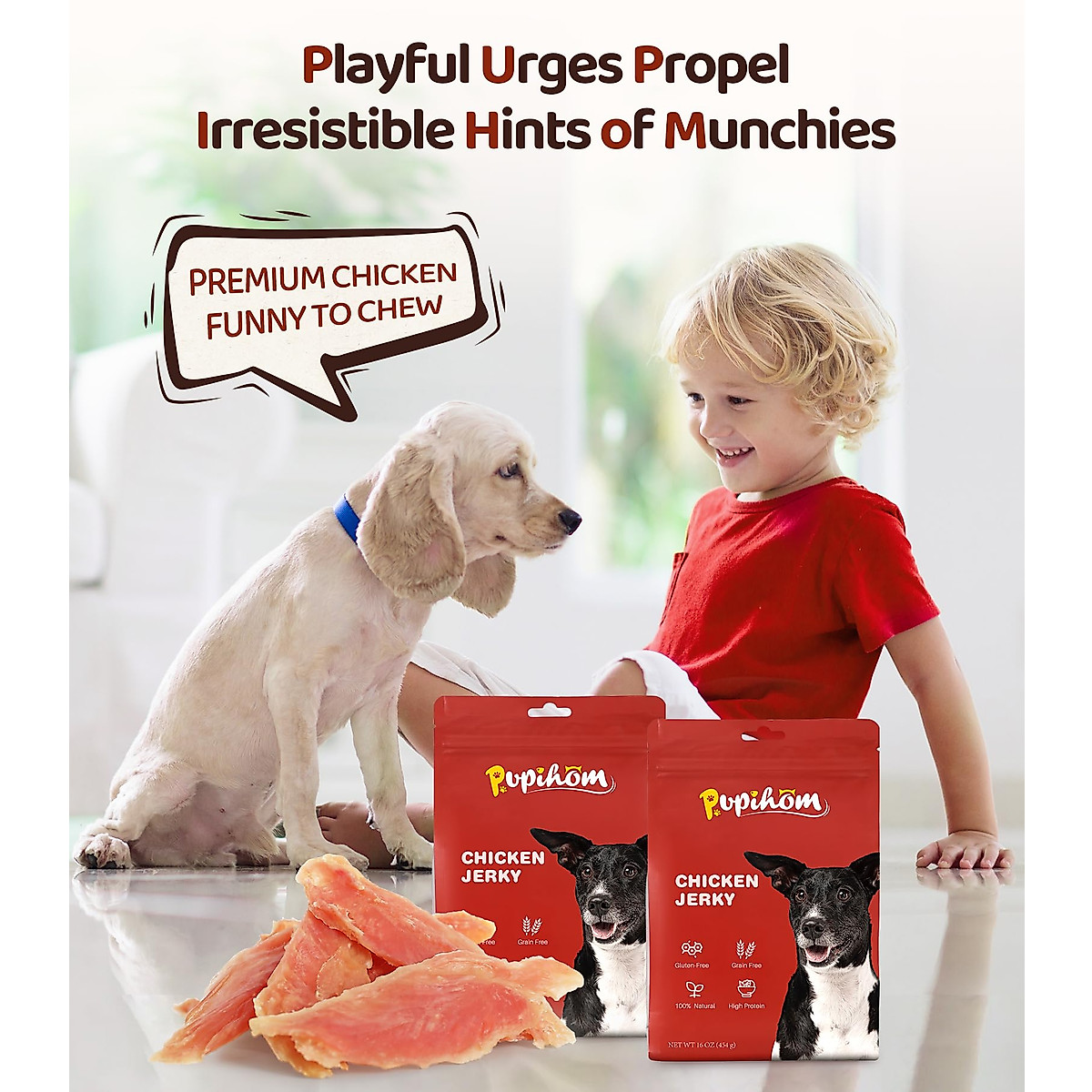 PUPIHOM Chicken Jerky Dog Treats for Dogs 16 OZ 1LBS, Rawhide-Free, Made with Real Breast, Long-Lasting Treats, Dog Training Reward Snacks Dog Chewy Treats