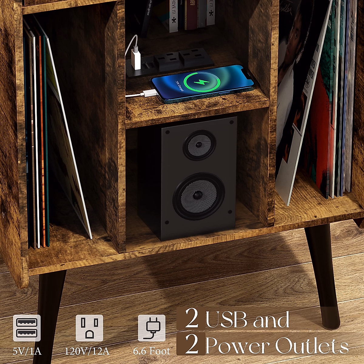 Sengroce Record Player Stand with Record Storage, Charging Station & USB Ports, Turntable Table with Drawer, Up to 165 Albums for Living Room, Bedroom