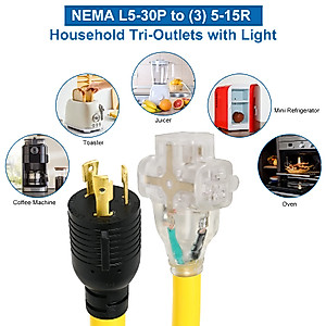 3FT NEMA L5-30P to (3) 5-15R, ZDHQLHJ Generator Power Extension Cord with LED Power Indicator, Heavy Duty 3 Prong 30 Amp L5-30P Male to 15 Amp 5-15R Female