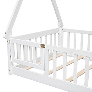 VPXTA Twin Floor Bed Frame for Toddlers, Montessori Floor Bed with Rails, Wood Bed with Fence and Door for Kids (Whtie, Twin)