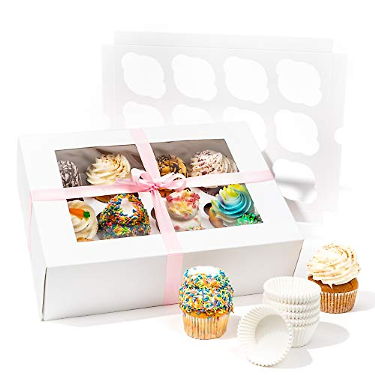 SMIRLY White Cupcake Boxes 12 Count: Disposable Cupcake Containers 12 Count, Cupcake Holder with Lid, Cupcake Carrier, Bakery Boxes with Window, Pastry Boxes Cookie Boxes with Window Large Treat Boxes