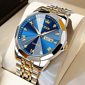 OLEVS Watch for Men Diamond Business Dress Analog Quartz Stainless Steel Waterproof Luminous Date Two Tone Luxury Casual Wrist Watch Blue