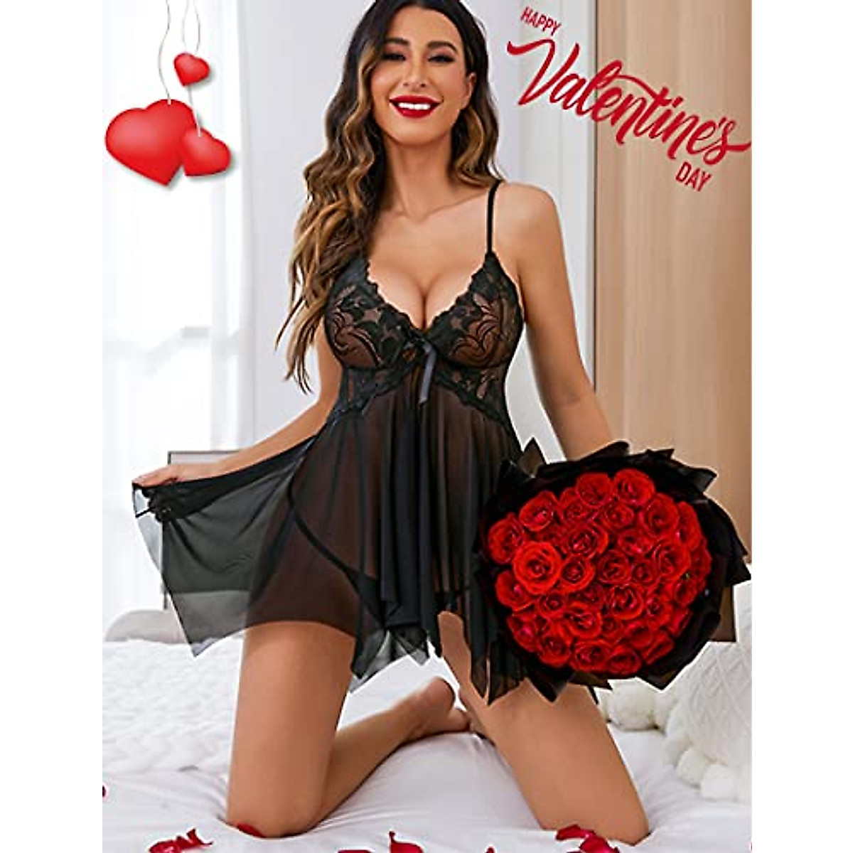 Avidlove Babydoll Lingerie for Women Sexy Sleepwear Bridal Nightgown Lace Langeray(Black Medium)