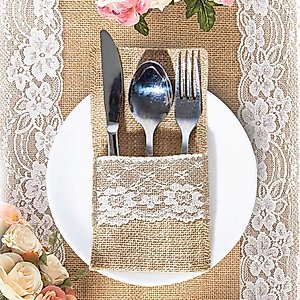 Wedding Cutlery Holders Pouch, Easter Decorations Natural Burlap Lace Utensil Napkin Holders Bag for Vintage Wedding, Party dinner, Thanksgiving banquet, Tableware Decorations (Lace, 12 Pack)