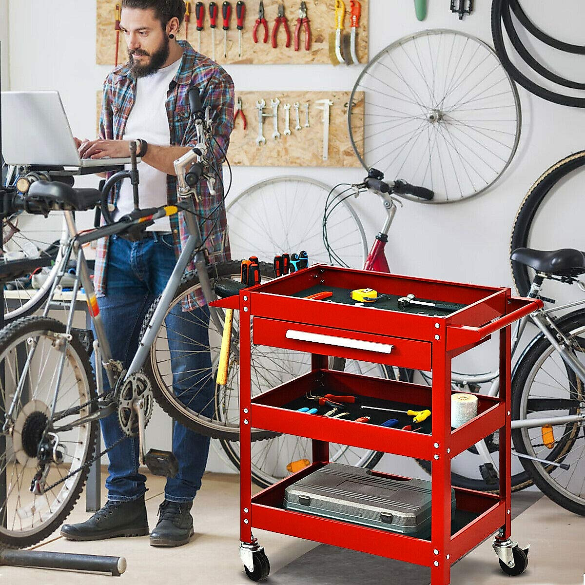 Goplus 3 Tier Rolling Tool Cart, 330 LBS Capacity Heavy Duty Utility Cart Tool Organizer with Storage Drawer, Industrial Commercial Service Tool Cart for Mechanics, Garage, Warehouse & Repair Shop