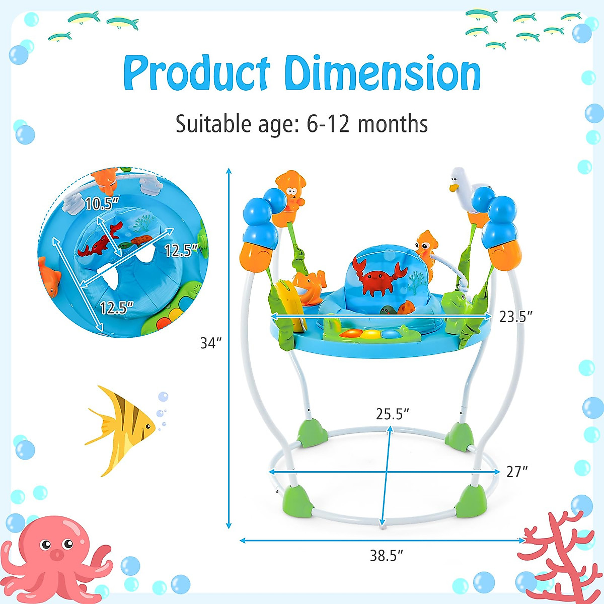 BABY JOY Ocean Discovery Baby Jumpers and Bouncers, Infant Activity Center with Music Lights Sounds, 360° Rotating Seat and 5 Adjustable Heights, Developmental Toys for 6-12 Months