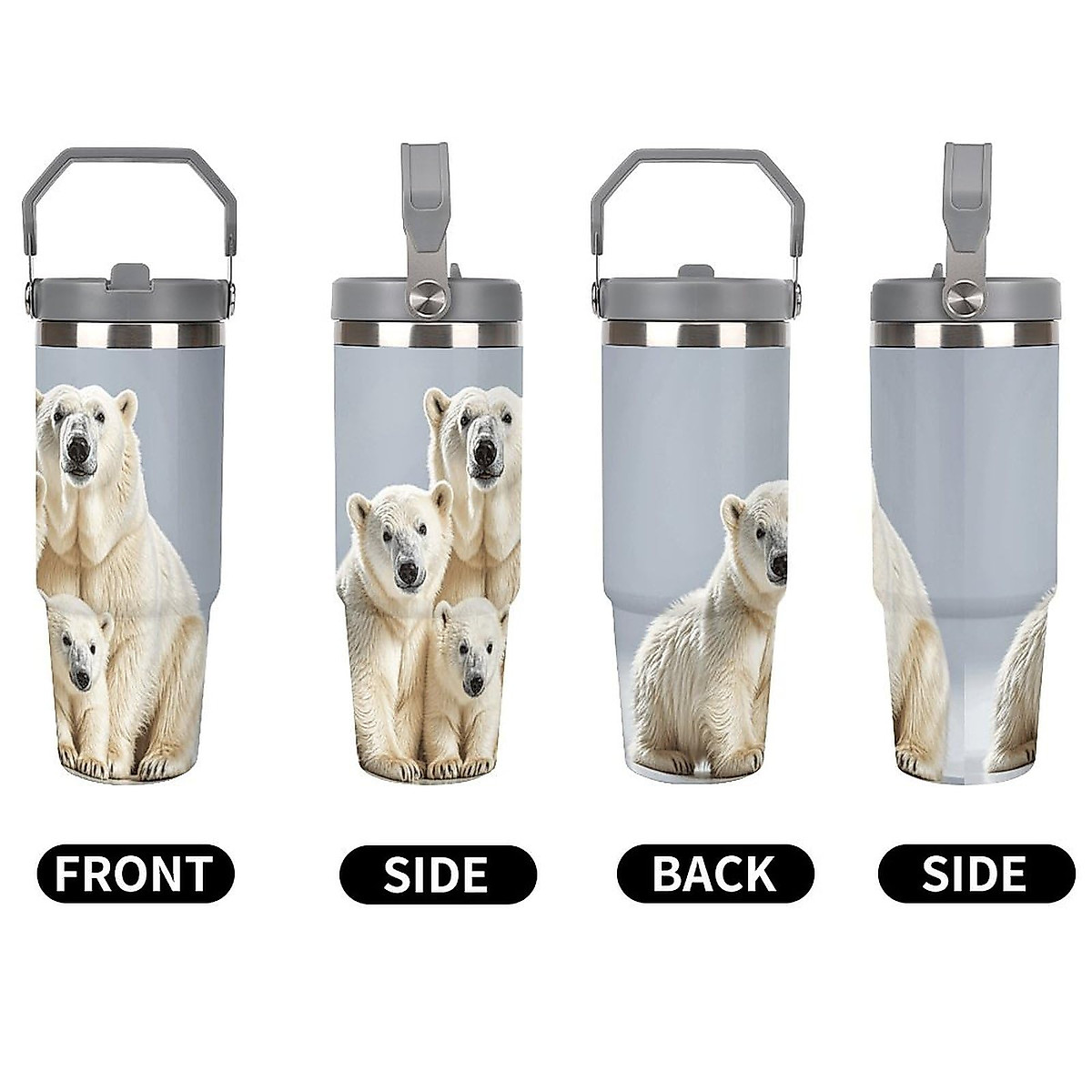 30oz Stainless Steel Insulated Tumbler with Flip Lid & Straw, Leakproof Travel Mug for Car, Polar Bear And Cub Double Wall Vacuum Thermal Coffee Cup with Handle, Spill-Proof Design for Hot/Cold Drinks