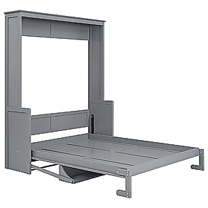 BOVZA Queen Murphy Bed with a Shelf, Space-Saving Wall Bed for Guest Room or Home Office, Gray