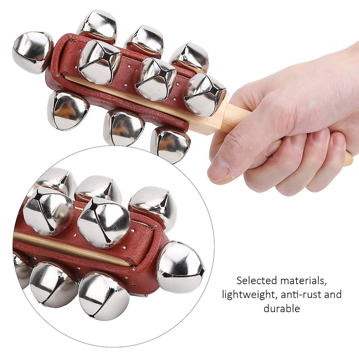 Tomotato Wooden Jingle Hand Bells, Sleigh Bell Stick Handheld Jingles Bells 13 Bell Sleigh Sticks PU Leather Stainless Steel Jingle Bells Stick for Parties Dancing Concerts