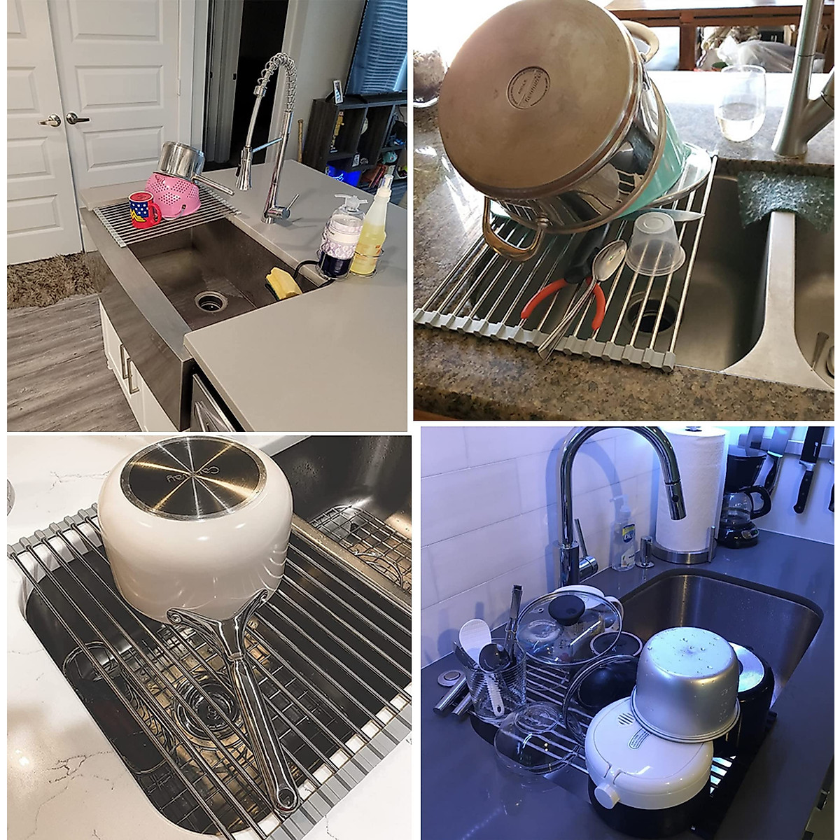 Vseegrs Roll Up Dish Drying Rack (17" L x 16" W), Over Sink Dish Drying Rack, Foldable Stainless Steel Dish Drying Rack, Rolling Srying Rack for Sink Counter (Gray)