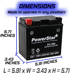 PowerStar YTX14-BS, YTX14, KMX14-BS, FTX14-BS Replacement Battery 200cca High Performance WP14-BS Sealed AGM for Powersports