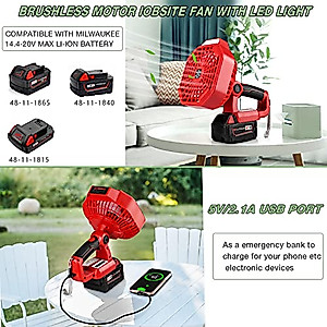 WaxPar For Milwaukee Fan Cordless Jobsite Fan, USB Floor Fan Tent Fan with Light Compatible with Milwaukee M18 Battery Camping Fan 14.4-20V Li-Ion Battery, Remote, 3 Wind/Brightness Modes, Timer