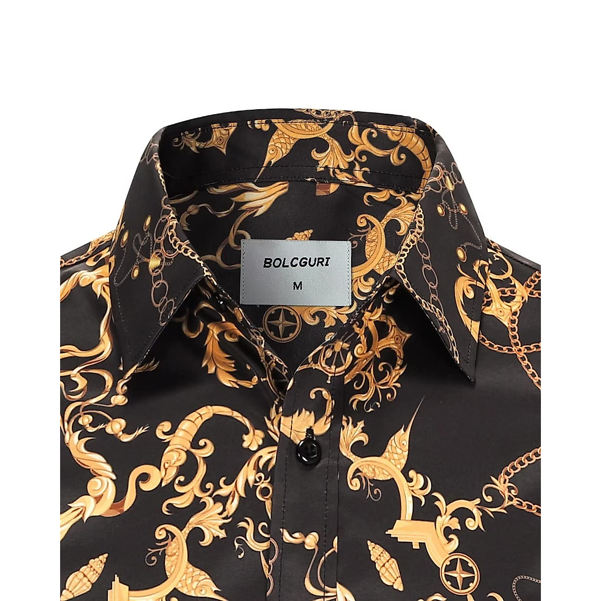 Bolcguri Mens Black Gold Chain Dress Shirts Luxury Baroque Print Long Sleeve Button Up Buchona Silky Shirt S