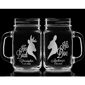 Her Buck His Doe Set of 2 Personalized Mason Jars Rustic Custom Etched for Wedding, Engagement Anniversary Bridal Party Gift of Favor for Newlyweds Couple Gift Idea Barn Wedding Hunting Theme