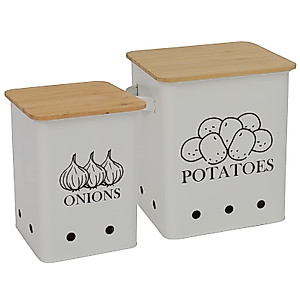 Kitchen Vegetable Storage Tins Set of 2 for Potatoes, Onion, with wooden lid Garlic Bin Caddy, Long Shelf Life-white