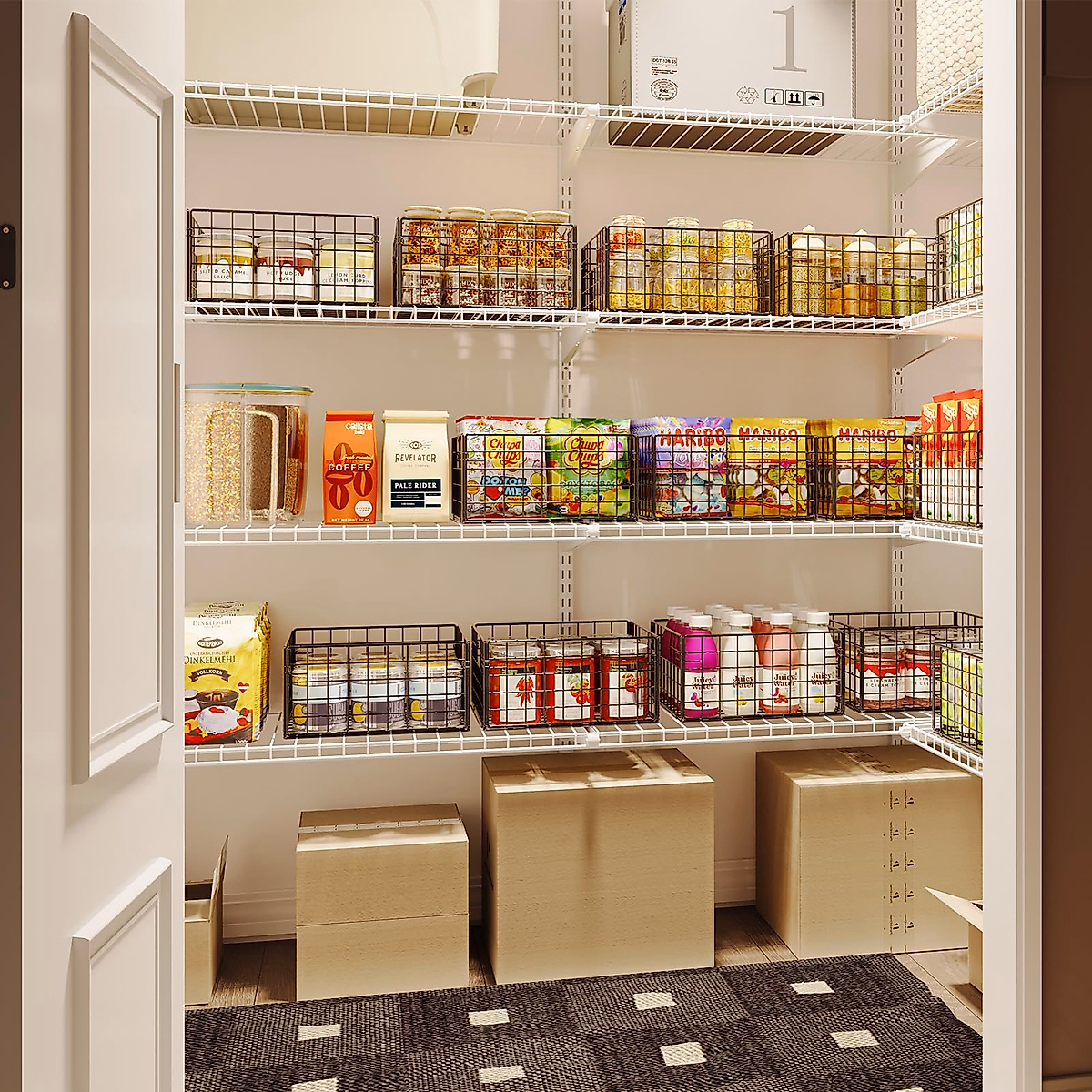 X-cosrack Foldable Cabinet Wall Mount Metal Wire Basket Organizer Pantry Basket with Handles - 4 Pack -12" x 9" X 6", Food Storage Mesh Bin for Kitchen Bathroom Laundry Closet Garage Patent Design