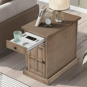 P PURLOVE Classic Vintage Living Room End Table, Wooden Side Table with USB Ports and One Multifunctional Drawer with Cup Holders (Antique Brown)