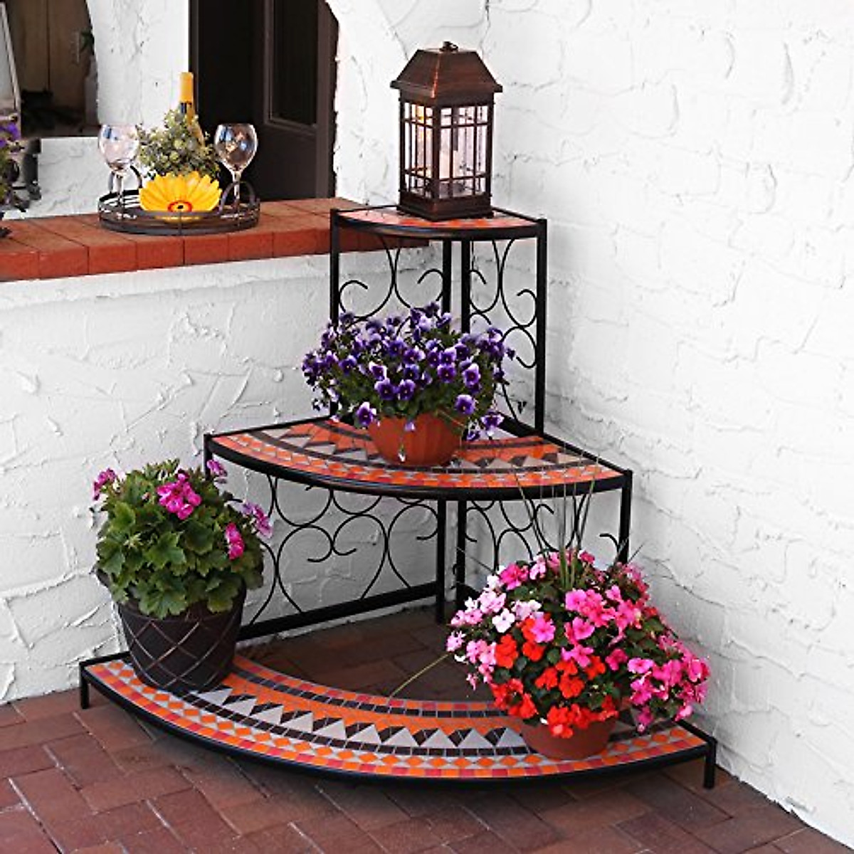 Sunnydaze Large 3-Tier Mosaic Plant Stand - Indoor or Outdoor Metal Corner Flower Pot Shelf - 40" H
