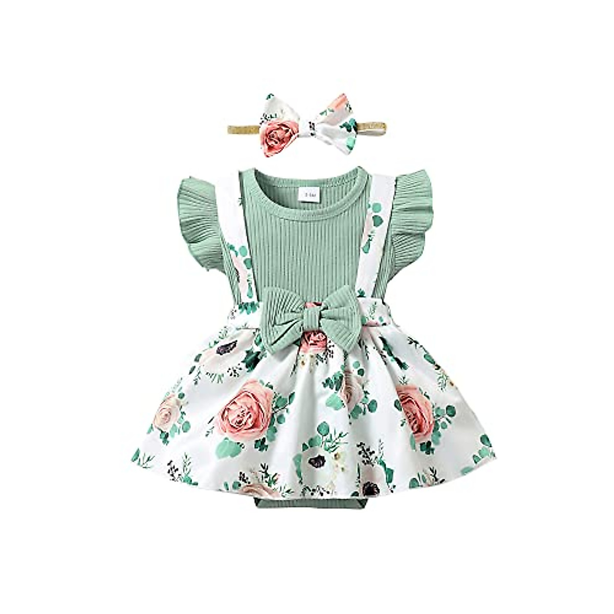 HIGHUZZA Baby Girl Clothes 3-6 Months Newborn Romper Summer Dress Infant Outfits Fly Sleeve Floral Clothing Suspender Headband Overall Skirt Set Green