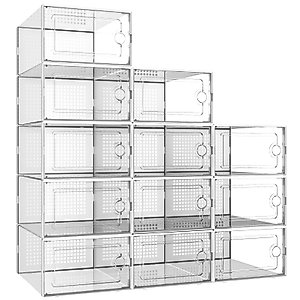 Potahouse® Shoe Storage Organizer, 12 Pack X-Large Stackable Shoe Box with Lids, Fit US Size Women's 12 Men's 11, Sneaker Storage Container Space Saving for Entryway Closet Dorm, White